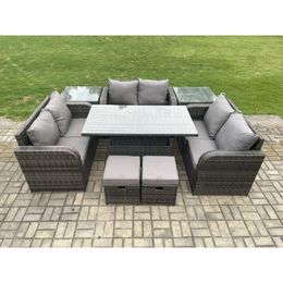 Fimous Rattan Garten Möbel Set Patio Einstellbarer Aufsteigenderr Esstisch mit 2 Seitentischen 2 Kleine Fußhocker