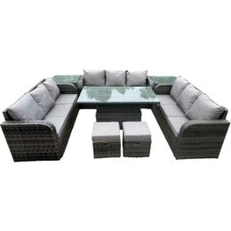 11-Sitzer-Garten-Dining-Sets Rattan-Möbel-Lounge-Sofa-Höhenverstellbarer steigender Hubtisch mit 2-Beistelltischen 2-kleinen Fußhockern Dunkelgrau