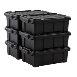 IRIS OHYAMA Kunststoff-Aufbewahrungsbox, 12,5 l Garagen-Aufbewahrungsbox, 4er-Set, DDSKT-130, Schwarz, stapelbar, Verschlussklammern – B44,5 x T29 x H15,5 cm