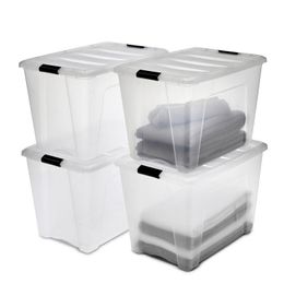 IRIS OHYAMA Aufbewahrungsbox aus Kunststoff, 60 l Büro-Aufbewahrungsbox, 4er-Set, DDNTB-60, transparent, stapelbar, Verschlussclips – B58 x T39,5 x H36,5 cm
