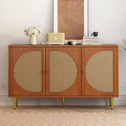 Dolinhome - Dreitüriges Rattan-Sideboard für Schlafzimmer, Wohnzimmer und Büro, Walnussfarbe, 129,8 x 40 x 76 cm