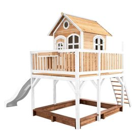 AXI Spielhaus Liam mit Sandkasten & weißer Rutsche Stelzenhaus xxl in Braun & Weiß aus fsc Holz für Kinder Spielturm mit Wellenrutsche für den Garten