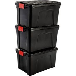 IRIS OHYAMA Große Kunststoff-Aufbewahrungsbox, 60 l Garagen-Aufbewahrungsbox, 3er-Set, SIA-60, schwarz, stapelbar, Verschlussklammern – B59 x T39,5 x H35,5 cm