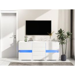 Sideboard, TV-Schrank mit 16-Farben-LED-Licht, weiß, für Esszimmer-Wohnzimmer, 140x35x72 cm