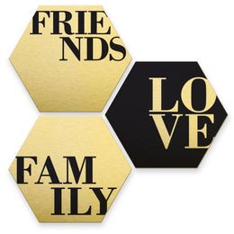 K&L WALL ART K&l Wall Art - Hexagon Alu-Dibond Poster Gold Metalloptik Love, Friends, Family Wandbild Retro Schriftzug Deko 3er Set je 25x22cm - gold