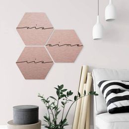 K&L WALL ART K&l Wall Art - Hexagon Alu-Dibond Poster Kupfer Wandbild Vis Ris Aime Schriftzug Leben Lachen Lieben 3er Set je 25x22cm - rosa