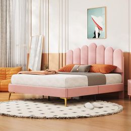 Gepolstertes Doppelbett, 140 x 200 cm, mit Kopfteil und Lattenrost, Samt, rosa