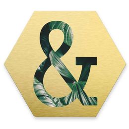 K&L WALL ART Hexagon Alu-Dibond Poster & Gold Metalloptik Schriftzug Dschungel Retro Deko Buchstaben und Zeichen 35x30cm - gold