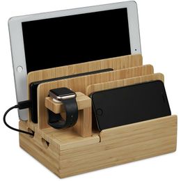 Relaxdays - Ladestation, für Apple Watch, Bambus, HxBxT 15 x 21,5 x 15 cm, Handystation, Tablethalter, Uhrenständer, natur