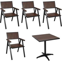 HHG - 4er-Set Gartenstuhl+Gartentisch 861, Stuhl Tisch, Gastro Outdoor-Beschichtung, Alu Holzoptik schwarz, dunkelbraun - brown