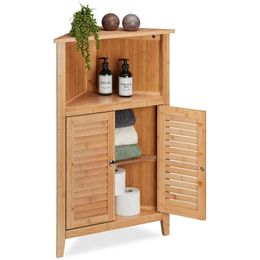 Eckschrank, Bambus, HxBxT: 92 x 58 x 30 cm, Badschrank mit 2 Lamellentüren, Eckkommode für Bad & Küche, natur - Relaxdays