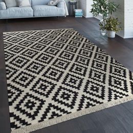 Paco Home - Teppich Modern Marokkanische Muster Handgewebt Skandi Rauten Fransen Schwarz Weiß 140x200 cm