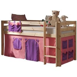 Lomadox Spielbett Kinderzimmer mit Textil Set Bella PINOO-12 incl. Leiter in Kiefer massiv natur lackiert, b/h/t: ca. 210/114/106 cm - braun