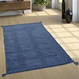 Designer Teppich Webteppich Kelim Handgewebt 100% Baumwolle Modern Meliert Blau 160x220 cm - Paco Home