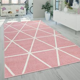 Paco Home - Teppich Wohnzimmer Pastellfarben Rauten Design Skandi Muster Kurzflor Rosa Pink Weiß 200x280 cm