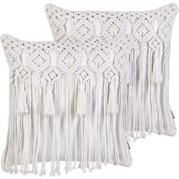 Beliani - Dekokissen 2er Set Weiß aus Baumwolle 45 x 45 cm Makramee Design mit Fransen Boho Stil Modern für Wohnzimmer Schlafzimmer Sofa Sessel Bett