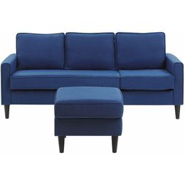 Beliani 3-Sitzer Sofa Blau Stoffbezug mit Ottomane Niedrige Armlehnen Schwarze Beine Industrie-Design Wohnzimmer Ausstattung Polstersofa