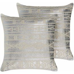 Beliani Dekokissen 2er Set Silber Baumwolle 50 x 50 cm Stoffbezug mit Polyester-Füllung geometrisches Muster Metallic Effekt Wohn- u. Schlafzimmer