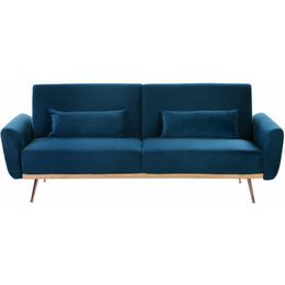 Beliani 3-Sitzer Sofa Marineblau Samt mit Schlaffunktion 2 Dekokissen Hohe Schlanke Metallbeine Schmale Armlehnen Retro Design Wohnzimmer Schlafsofa - Kupfer