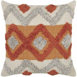 Beliani - Dekokissen Orange u. Beige Baumwolle 45x45 cm geometrisches Muster Getuftet Abnehmbarer Bezug für Sofa Sessel Bett Wohnzimmer Schlafzimmer
