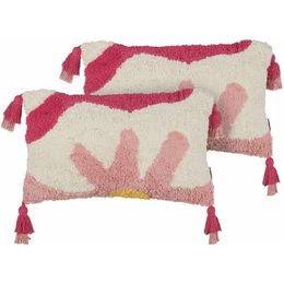 Beliani - Dekokissen 2er Set Rosa / Cremeweiß aus Baumwolle Getuftet 30 x 50 cm Rechteckig mit Blumenmotiv Quasten für Sofa Bett Wohnzimmer