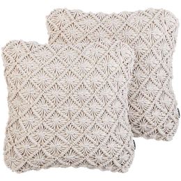 Beliani - Dekokissen 2er Set Hellbeige Baumwolle Quadratisch 45 x 45 cm Strickmuster Makramee Boho-Stil Wohnzimmer Schlafzimmer Sofakissen Zierkissen