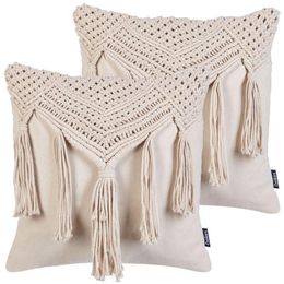 Beliani - Dekokissen 2er Set Beige aus Baumwolle 45 x 45 cm Makramee Design mit Fransen Boho Stil Modern für Wohnzimmer Schlafzimmer Sofa Sessel Bett