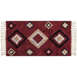 Beliani Teppich Rot Baumwolle 80 x 150 cm Rechteckig Geometrisches Muster mit Quasten Boho Stil Handgetuftet für Wohnzimmer Schlafzimmer Flur - Rot