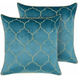 Beliani Dekokissen 2er Set Blau und Gold Samtbezug mit Füllung Marokkanisches Muster 45 x 45 cm Wohnzimmer Salon Schlafzimmer Modern - Gold