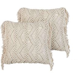 Beliani Dekokissen 2er Set Hellbeige Baumwolle Quadratisch 45x45 cm Mit Füllung Fransen Strickmuster Boho-Stil Wohnzimmer Schlafzimmer Sofakissen - Beige