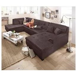 Wohnlandschaft Home Affaire "Bergen U-Form" Sofas Gr. B/H/T: 364cm x 83cm x 106cm, Microfaser PRIMABELLE, Ottomane links, mit Bettfunktion, braun (mokka) wahlweise mit Bettfunktion