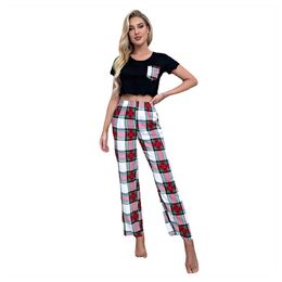 RUZU UG Schlafanzug Pyjamas Damen Kurzarm Plaid Hosen Lounge Wear Set Nachthemd Hausanzug