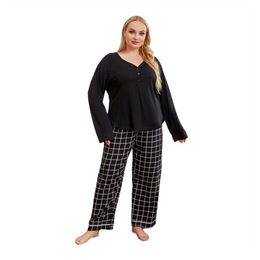 RUZU UG Schlafanzug Pyjamas Damen große Größe V-Ausschnitt langärmlig Homewear-Set Pyjama