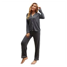 RUZU UG Schlafanzug Pyjama Damen Einfarbig Langarm Strickjacke Hose Homewear Capri-Pyjama