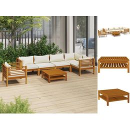 vidaXL Garten-Essgruppe 7-tlg Garten Lounge Set mit Creme Kissen Massivholz Akazie Holz Sitzgr
