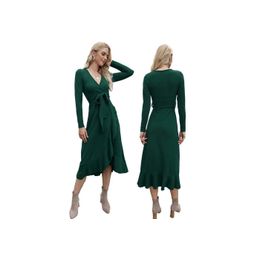 FIDDY Maxikleid Elegantes Damenkleid mit langem V-Ausschnitt und langen Ärmeln