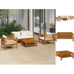 vidaXL Garten-Essgruppe 5-tlg Garten Lounge Set mit Creme Kissen Massivholz Akazie Holz Sitzgr