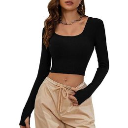 ZWY Funktionsshirt Frauen Y2K Langarm Crop Top Einfarbig mit Daumenlöchern Basic Enge Bluse