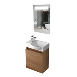 Alpenberger Waschbecken Gäste WC Klein mit Badezimmer Unterschrank und LED Badspiegel (Bamboo Badmöbel 3-tlg. Vormontiert