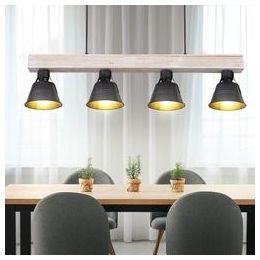 Globo Pendelleuchte Hängelampe Hängeleuchte Holzlampe Esszimmerleuchte Pendellampe Esstisch, 4 Flammig Industriell, Holzbalken natur Metall schwarz, 4x E27 Fassungen, LxBxH 85x14x85cm