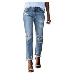 RUZU UG Destroyed-Jeans Damen Mid Waist Jeans Röhrenjeans Lässige Denim Hose Straight Leggings