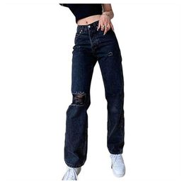 RUZU UG Destroyed-Jeans Damen Hoher Taille Jeans Stretch Loose Jeanshose Boyfriend Denim Hose