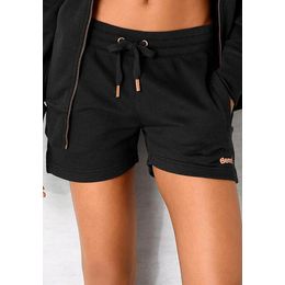 BENCH. LOUNGEWEAR Relaxshorts '-Kurze Sweathose' schwarz Gr. 36/38 für Damen. Mit Logoschriftzug, Logodruck. Basic. Nachhaltig.