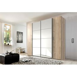 Dreh-/Schwebetürenschrank wimex "Lotto" Schränke Gr. B/H/T: 227 cm x 210 cm x 65 cm, insgesamt 10 Einlegeböden, 4 St., braun (hickory eiche nachbildung, spiegel) Kleiderschrank Schwebetürenschrank Schwebetürenschränke und Schiebetürenschränke Schränke