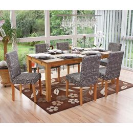 MCW 6er-Set Esszimmerstuhl Stuhl K&uuml;chenstuhl Littau ~ Textil mit Schriftzug, grau, helle Beine