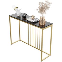 Konsolentisch Marmor Schmal Eingangtisch mit Gold Metallgestell, Flurtisch für Schlafzimmer Wohnzimmer 100×30×79cm Schwarz