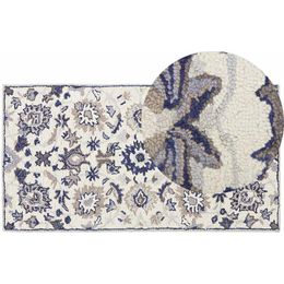 Beliani Teppich Beige / Blau Wolle 80 x 150 cm Kurzflor Orientalisches Muster Rechteckig Wohnzimmer Schlafzimmer Flur