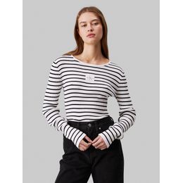 Rundhalspullover Calvin Klein Jeans "WOVEN LABEL TIGHT SWEATER" Gr. L (40), ck black, bright white striped Damen Pullover Rundhalspullover