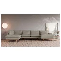 Wohnlandschaft Home Affaire "Torino mit 2 Zierkissen, auch in Bouclé" Sofas Gr. B/H/T: 351 cm x 81 cm x 219 cm, Struktur weich, Recamiere rechts, grau (taupe) U-Form, BTH: 35121981 cm, incl. edler Holzleiste an Unterkante