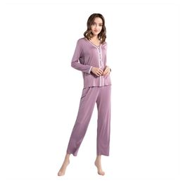 RUZU UG Schlafanzug Damen Pyjama Strickjacke mit Knöpfen Langarm Loungewear Hausanzug